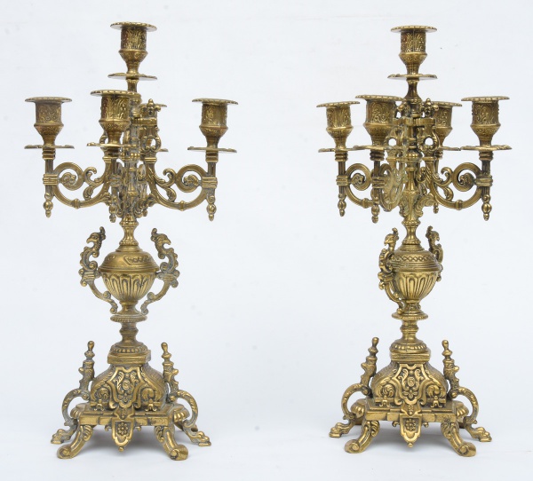 Par de antigos candelabros para 5 luzes em bronze doura